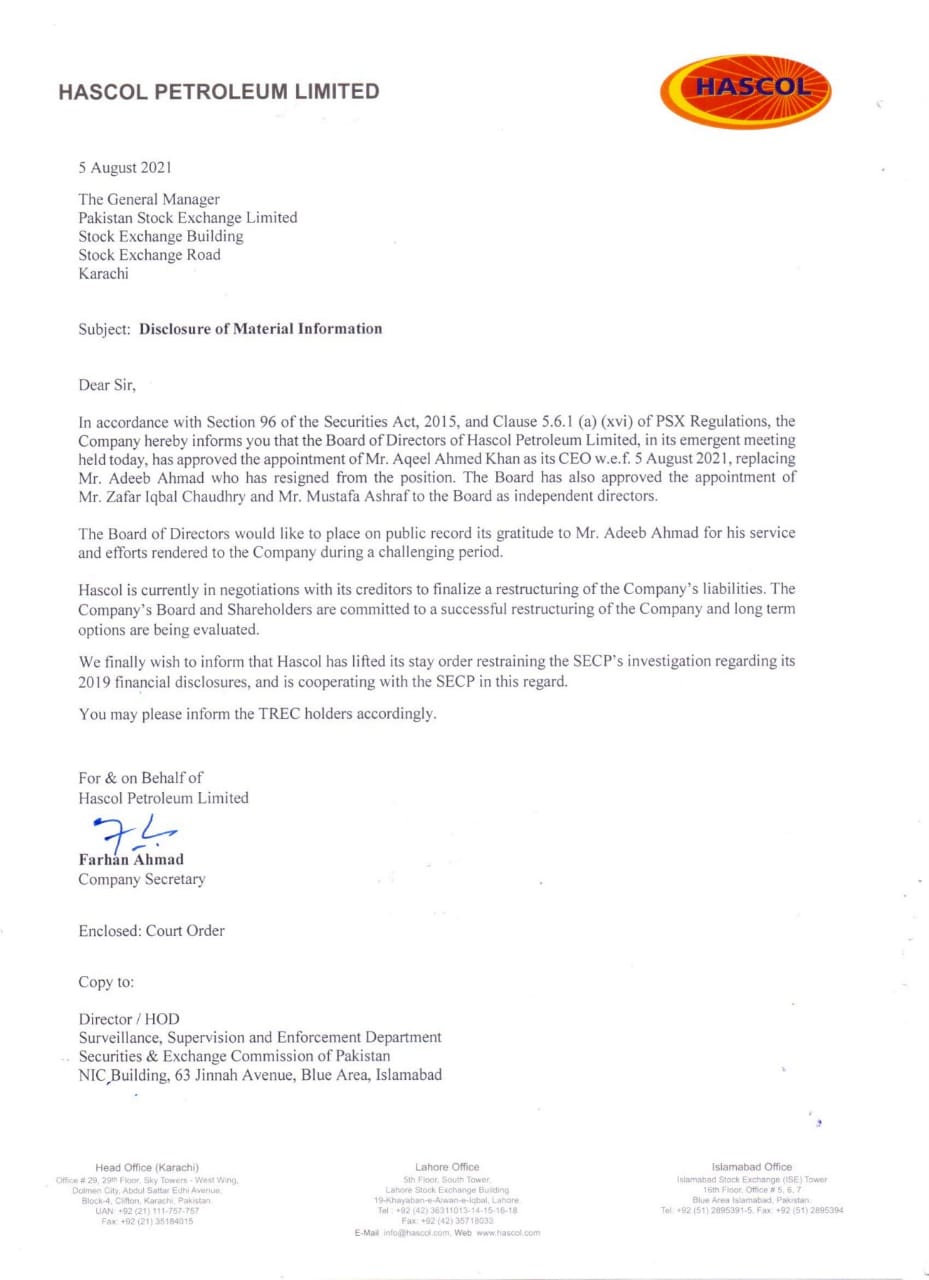 Disclosure Of Material Information - Hascol Petroleum Limited